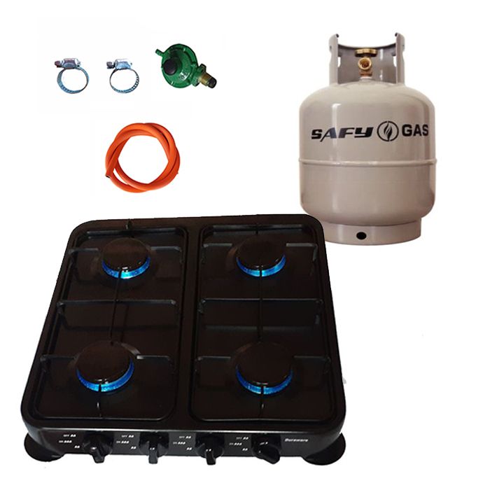 Black 4 Plate Gas Stove with Fittings & Gas Cylinder - 5kg – 0000Art