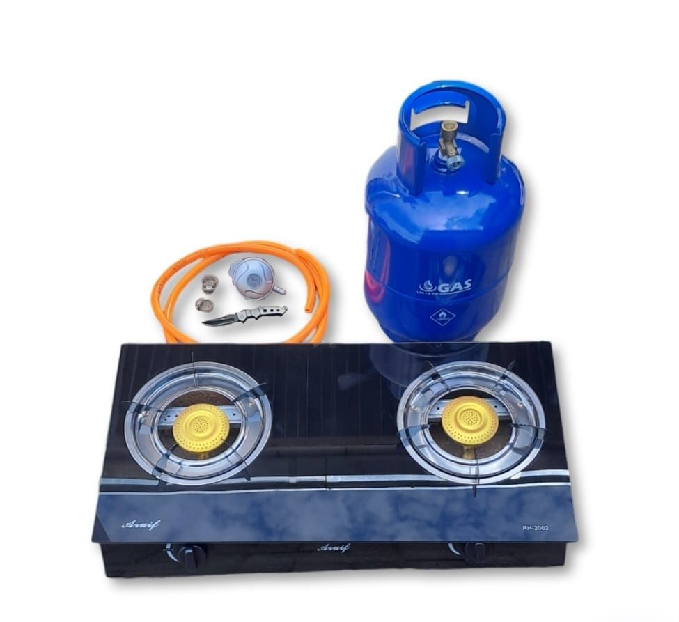 Black 2 Plate Glass Top Gas Stove with Fittings & Gas Cylinder 5kg & K ...